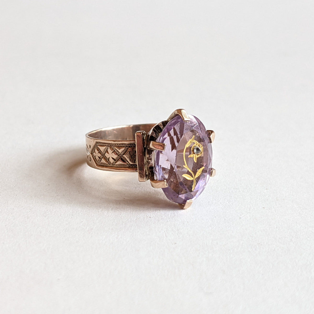 c. 1880s 14k Gold Rose of Sharon Ring | Diamond Encrusted Amethyst – Witchy Vintage
